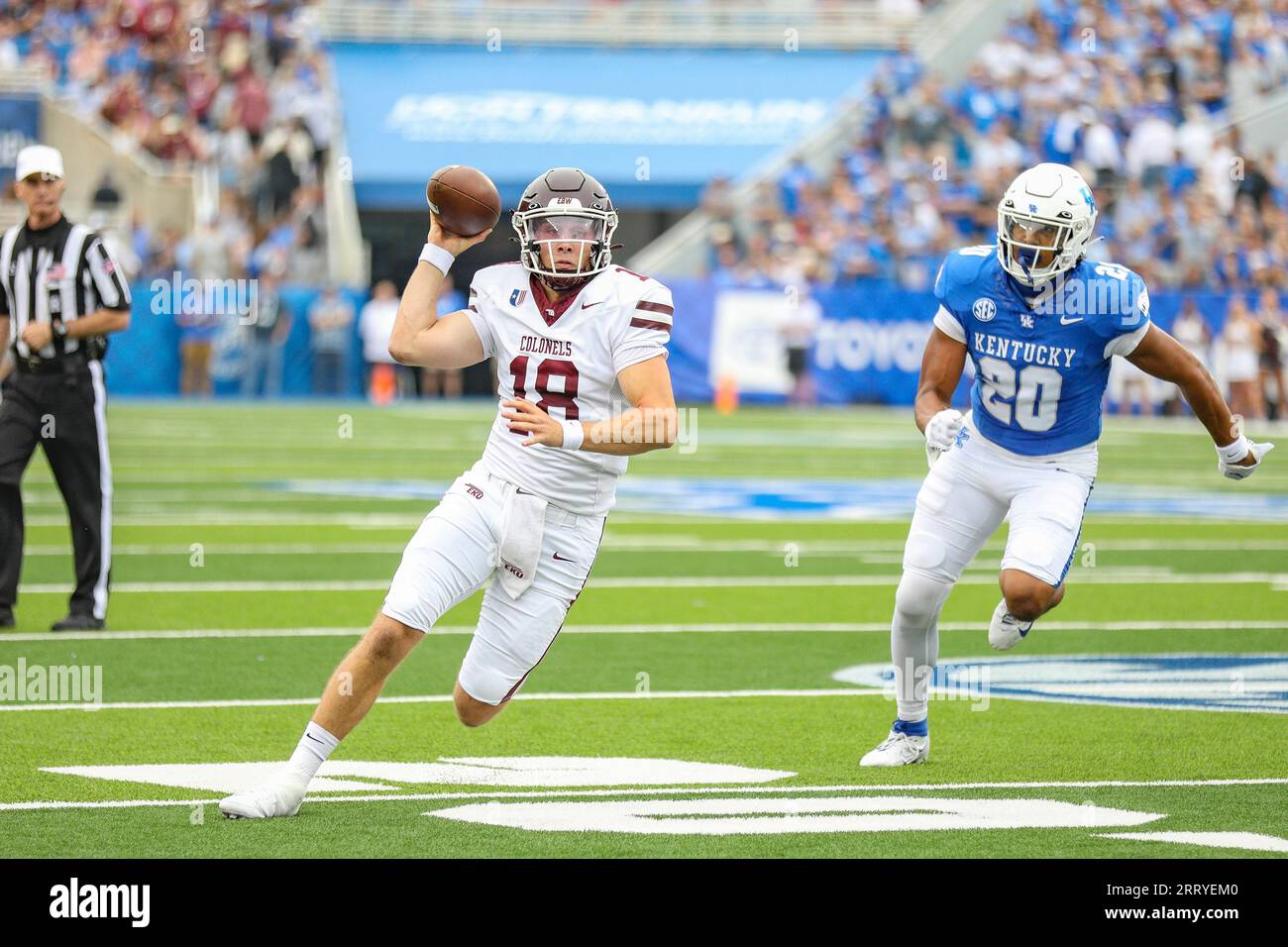 Lexington, KY, USA. 9th Sep, 2023. EKU QB Parker McKinney (18) is ...