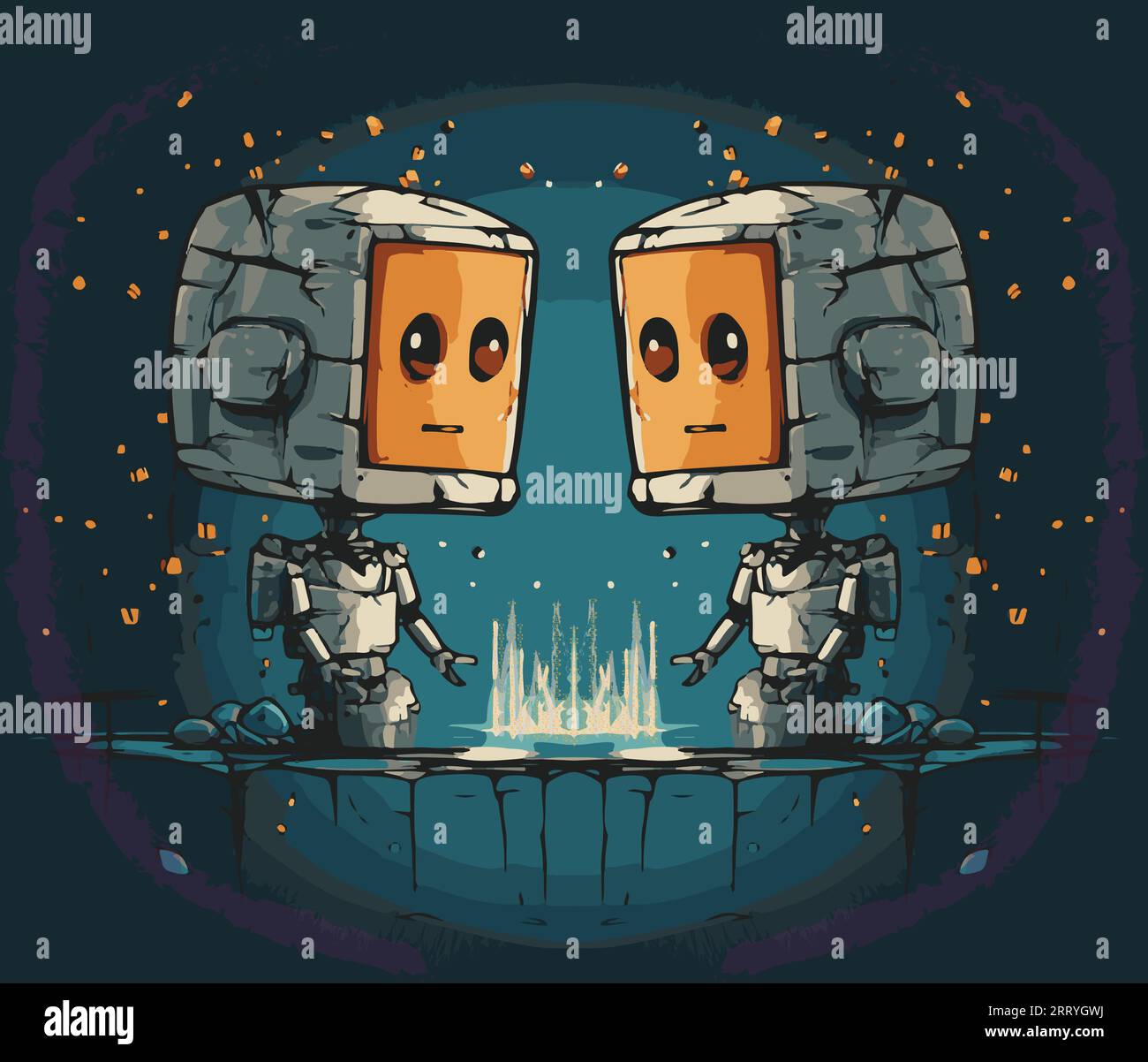Two blockhead robots camping under the stars over a binary campfire ...
