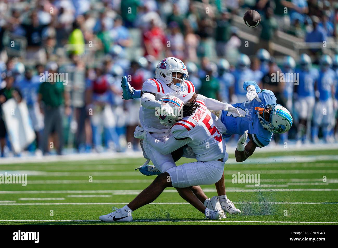 Tulane wide receiver Jha'Quan Jackson is hit as he tries to catch a ...