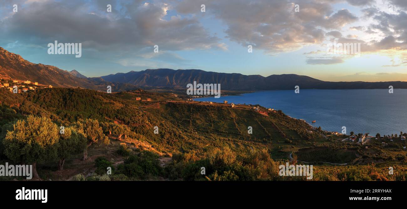 Adriatic sea evening coastline top view (Radhima, near Orikum, Albania ...