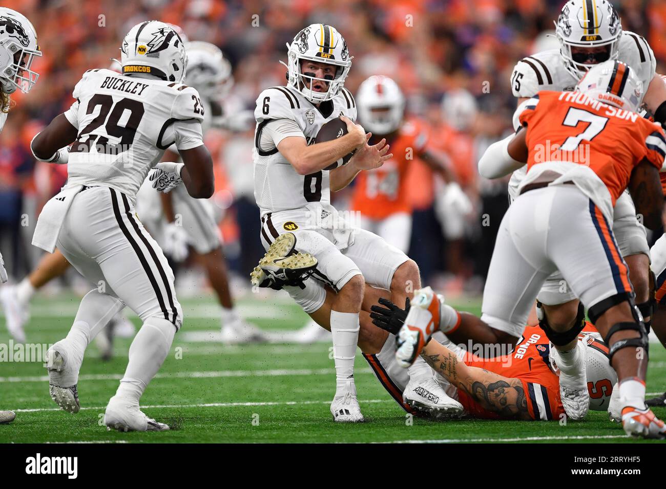 Western Michigan quarterback Jack Salopek (6) tries to spin away from ...