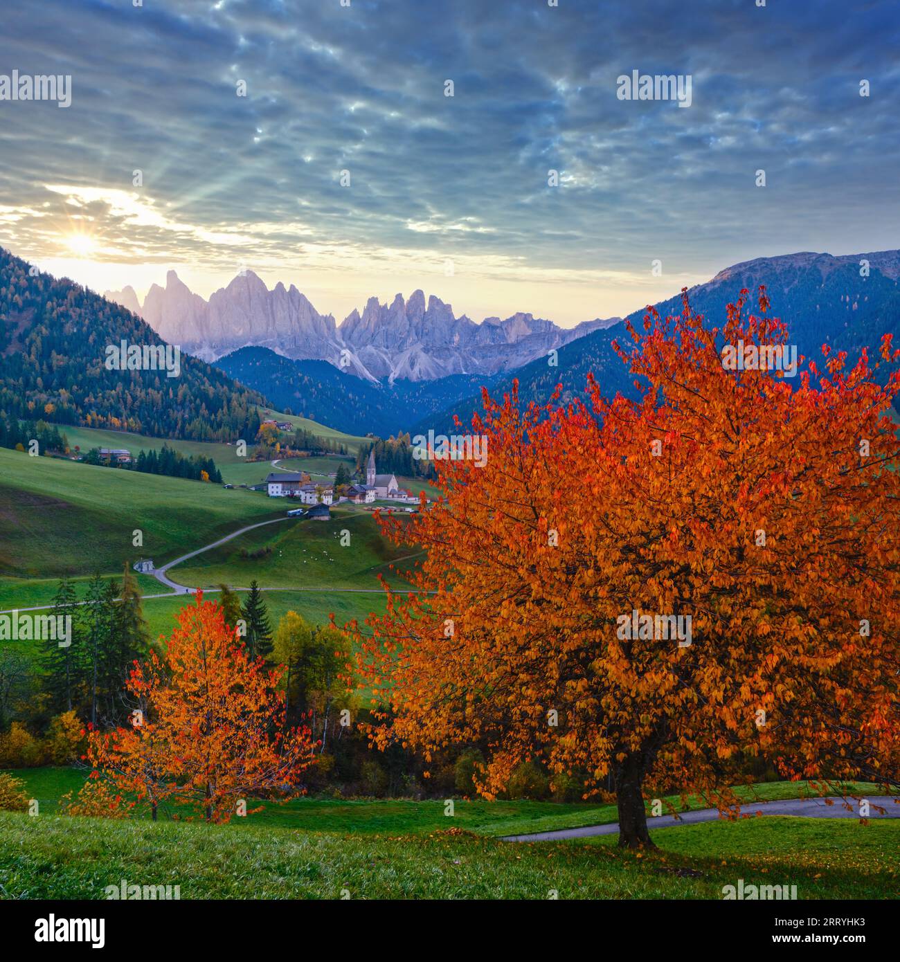 Autumn daybreak Santa Magdalena famous Italy Dolomites village view in ...