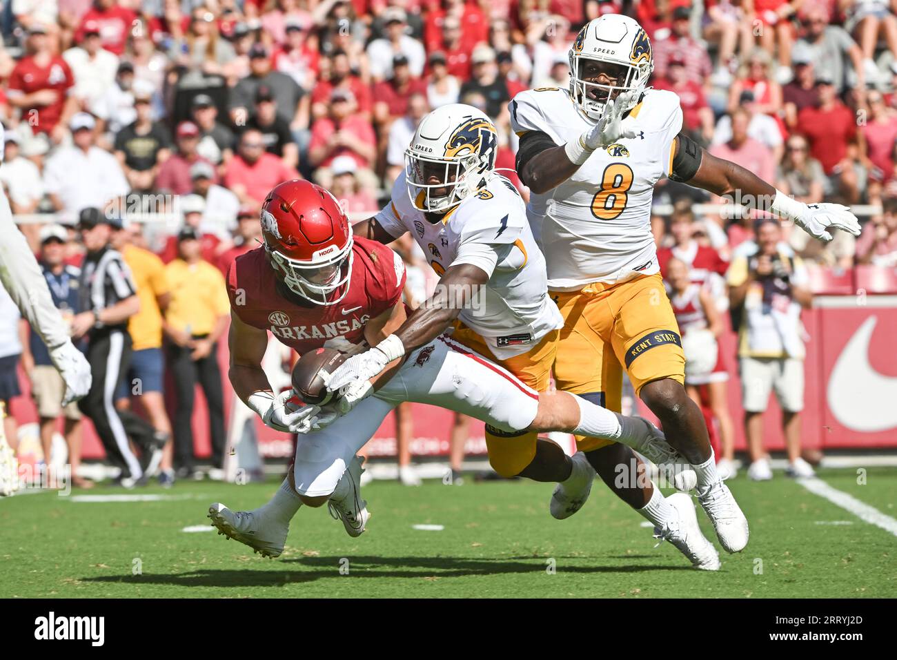 Arkansas wide receiver Isaac TeSlaa (4) makes a catch in front of Kent ...