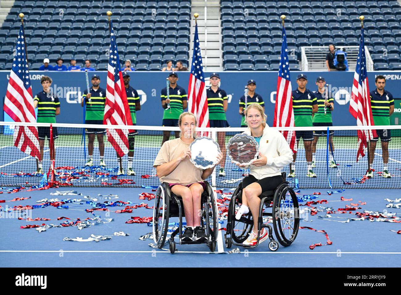 Jiske Griffioen and Diede de Groot hold their trophies during a trophy ...