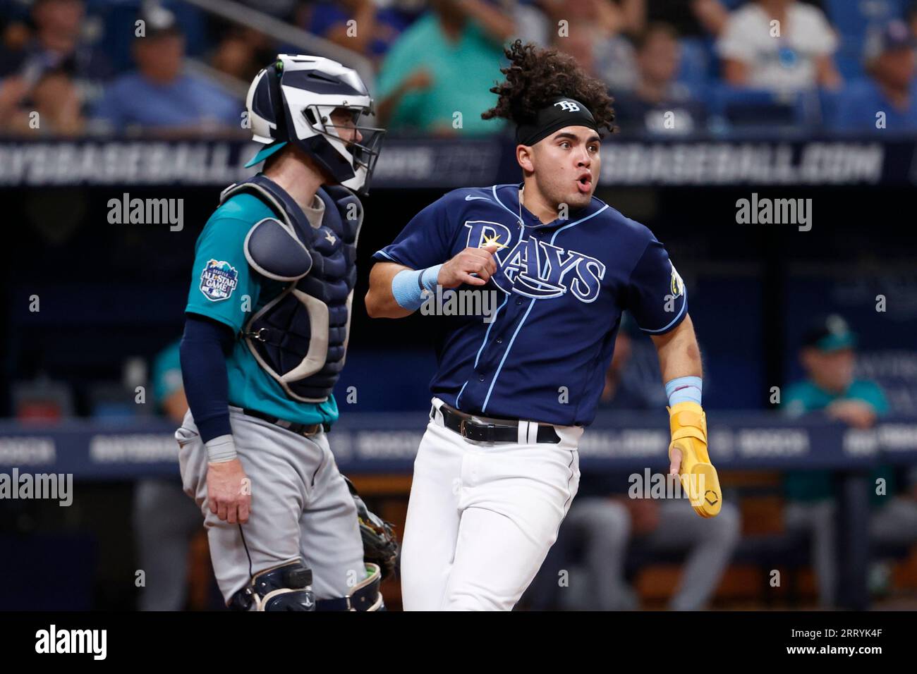 Tampa Bay Rays' Jonathan Aranda runs past Seattle Mariners catcher ...
