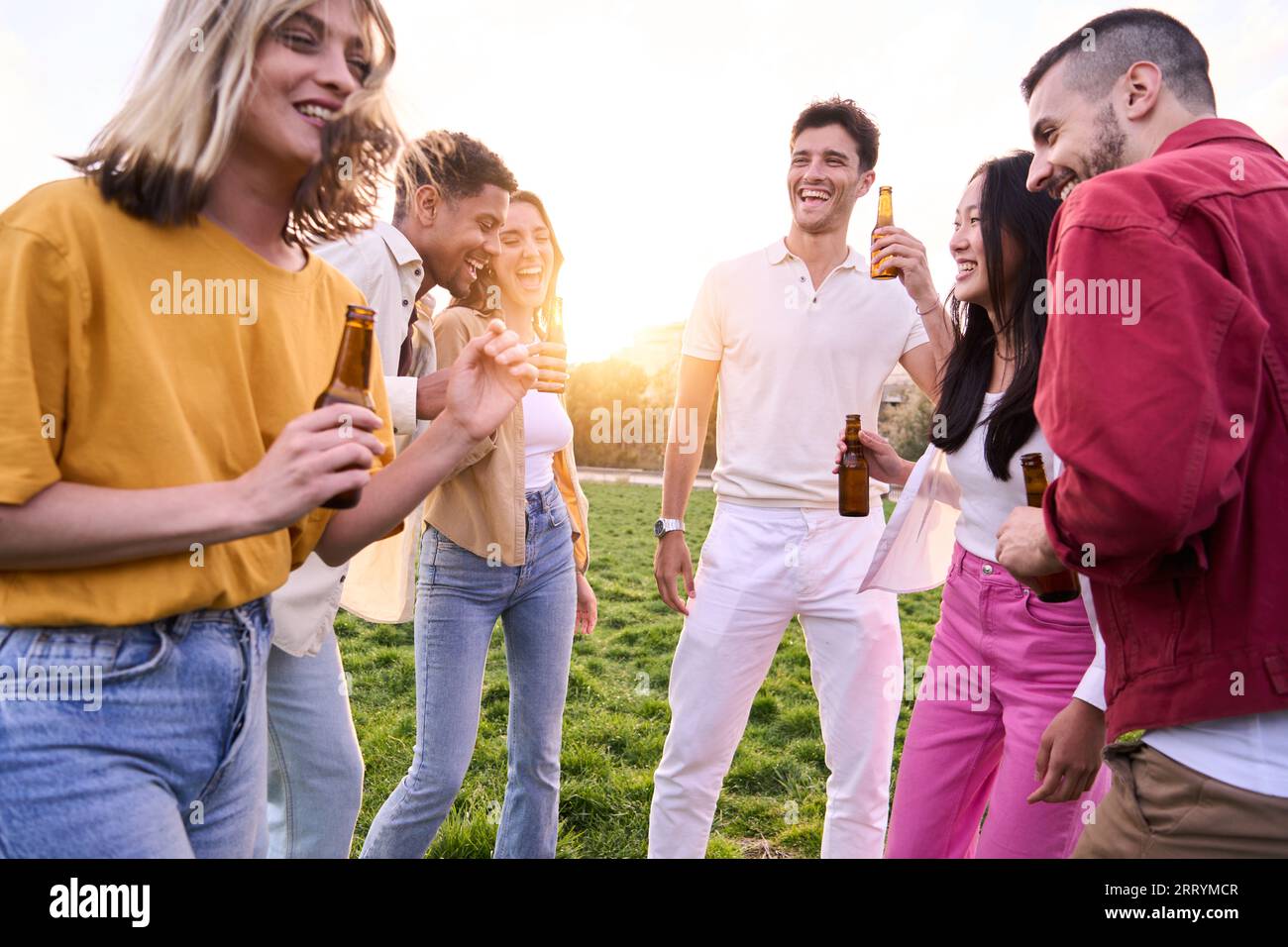 Group of friends drinking beer having fun in a party at the park ...