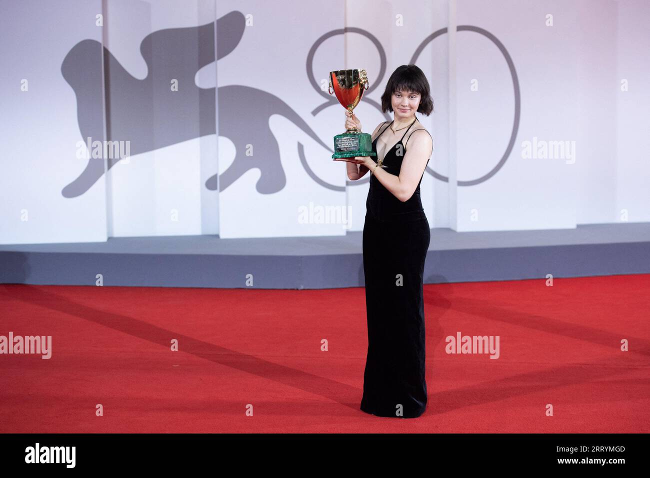 Venice, Italy. 09th Sep, 2023. Cailee Spaeny poses with the Volpi Cup ...