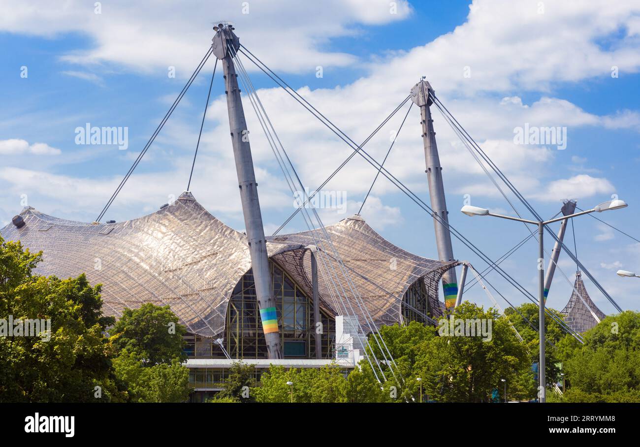 Glass tension roof in Olympic park in summer, Munich, Germany. Scenic ...
