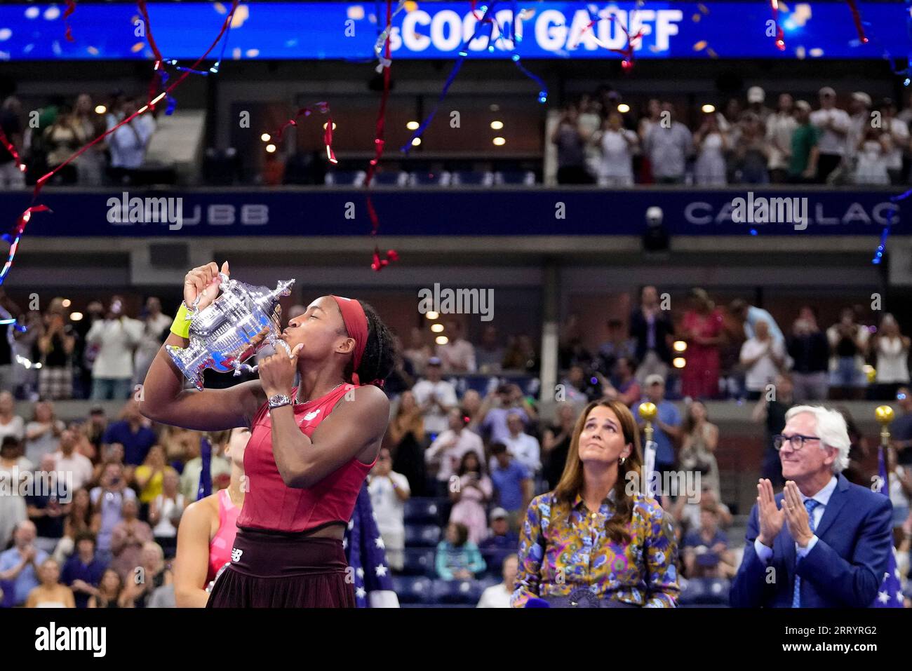 Coco Gauff, of the United States, kisses the championship trophy after ...