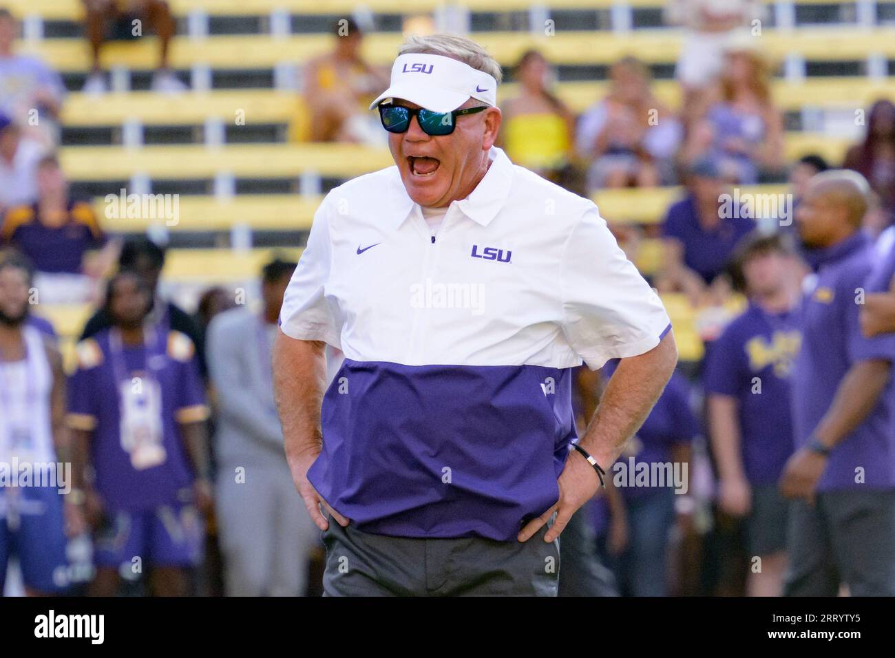 LSU head coach Brian Kelly yells to his players before an NCAA college ...