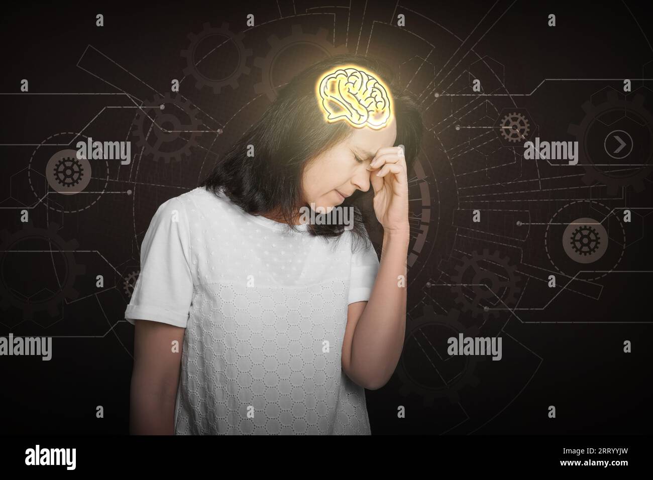 Memory. Woman with illustration of brain trying to remember something ...
