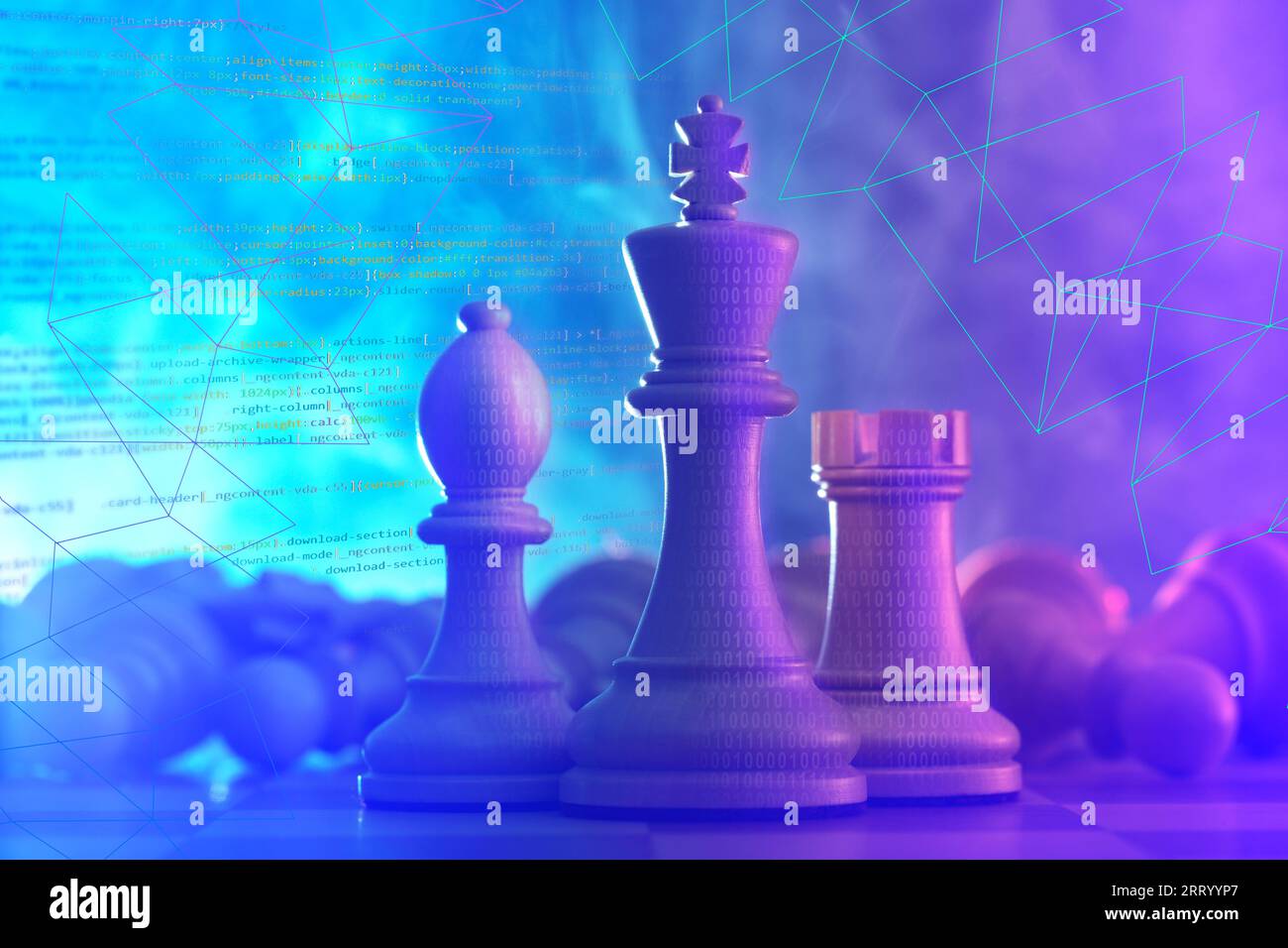 Chess pieces with binary code among fallen ones on table in neon lights ...