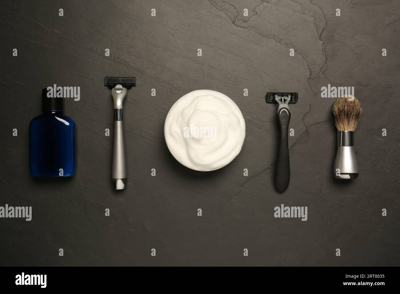 Set of men's shaving tools on black textured table, flat lay Stock ...