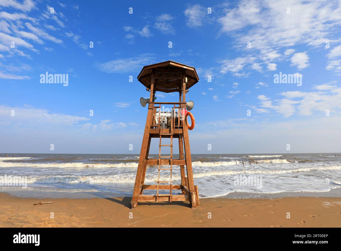 The watchtower is on the beach, on the seashore, in North China Stock ...