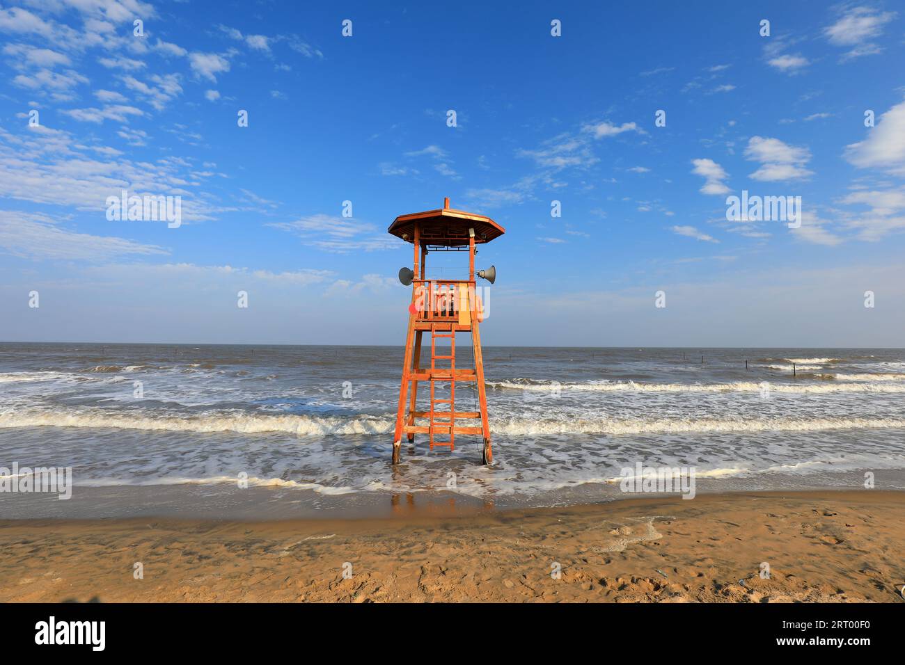 The watchtower is on the beach, on the seashore, in North China Stock ...