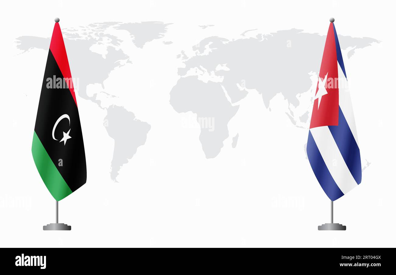 Libya and Cuba flags for official meeting against background of world ...