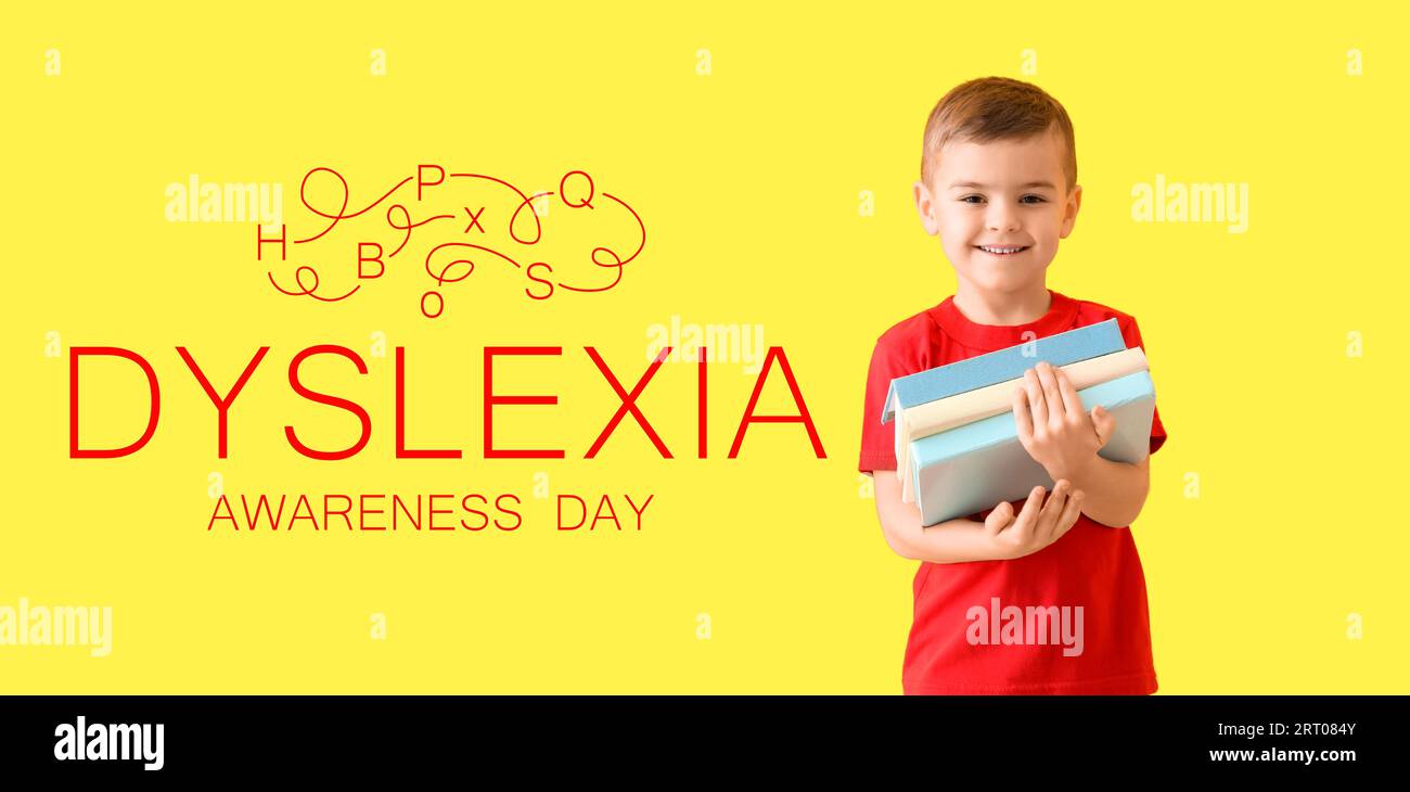 Little boy with books and text DYSLEXIA AWARENESS DAY on yellow ...