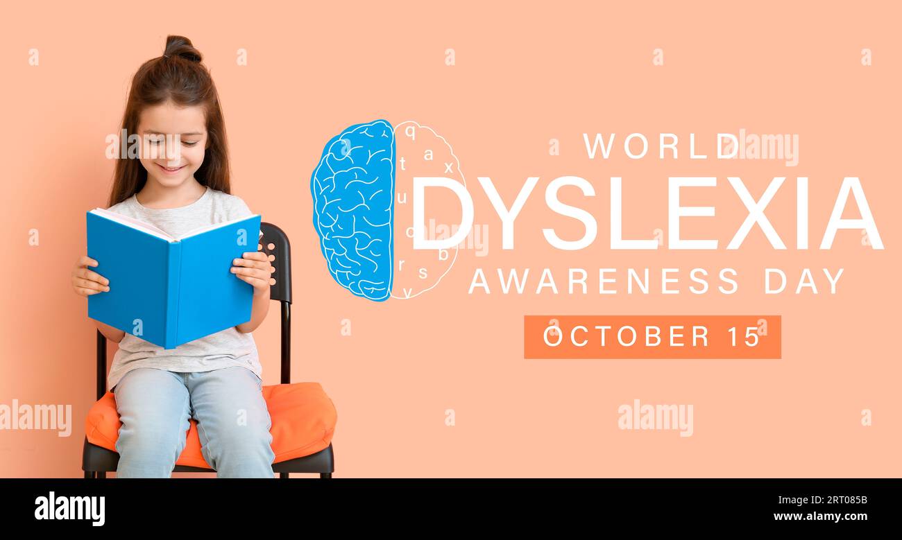 Little girl reading book and text WORLD DYSLEXIA AWARENESS DAY on pink ...
