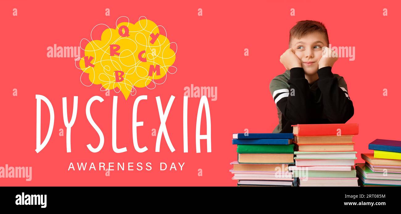 Little boy with books and text DYSLEXIA AWARENESS DAY on red background ...