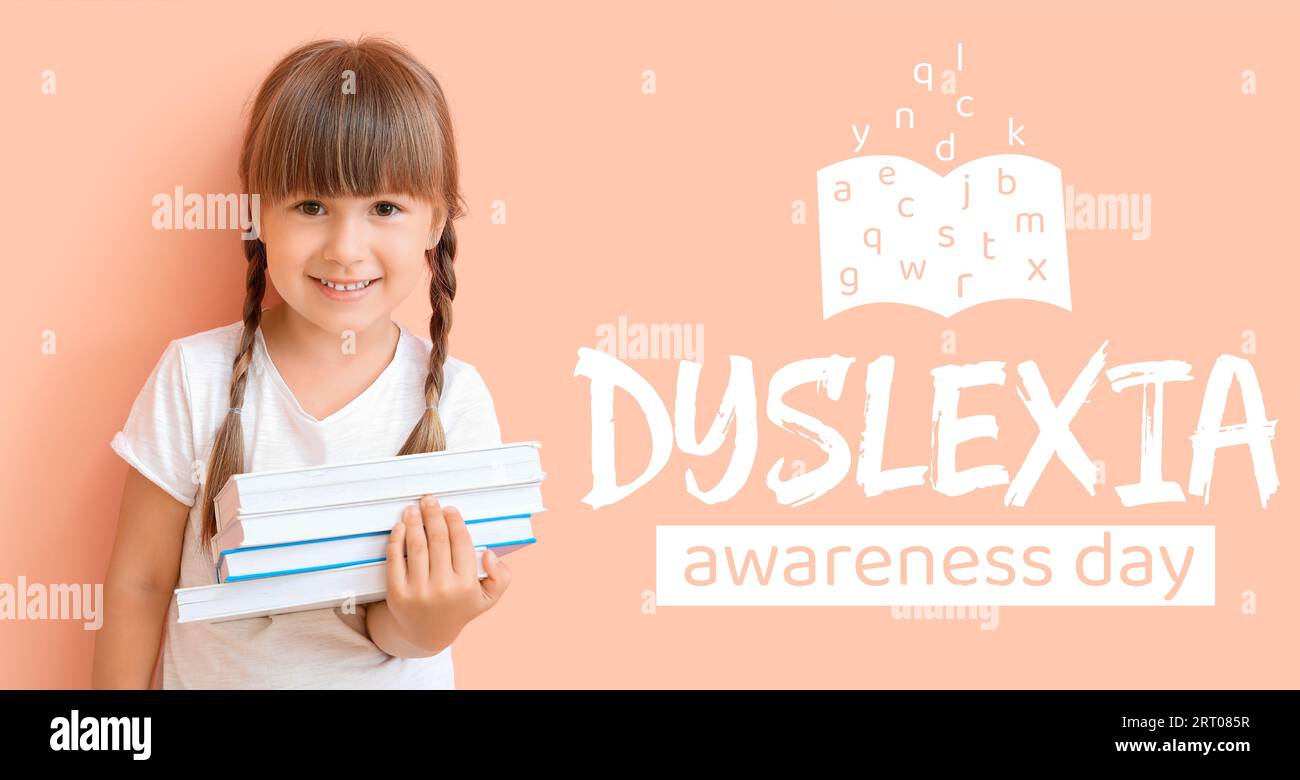 Little girl with books and text DYSLEXIA AWARENESS DAY on pink ...
