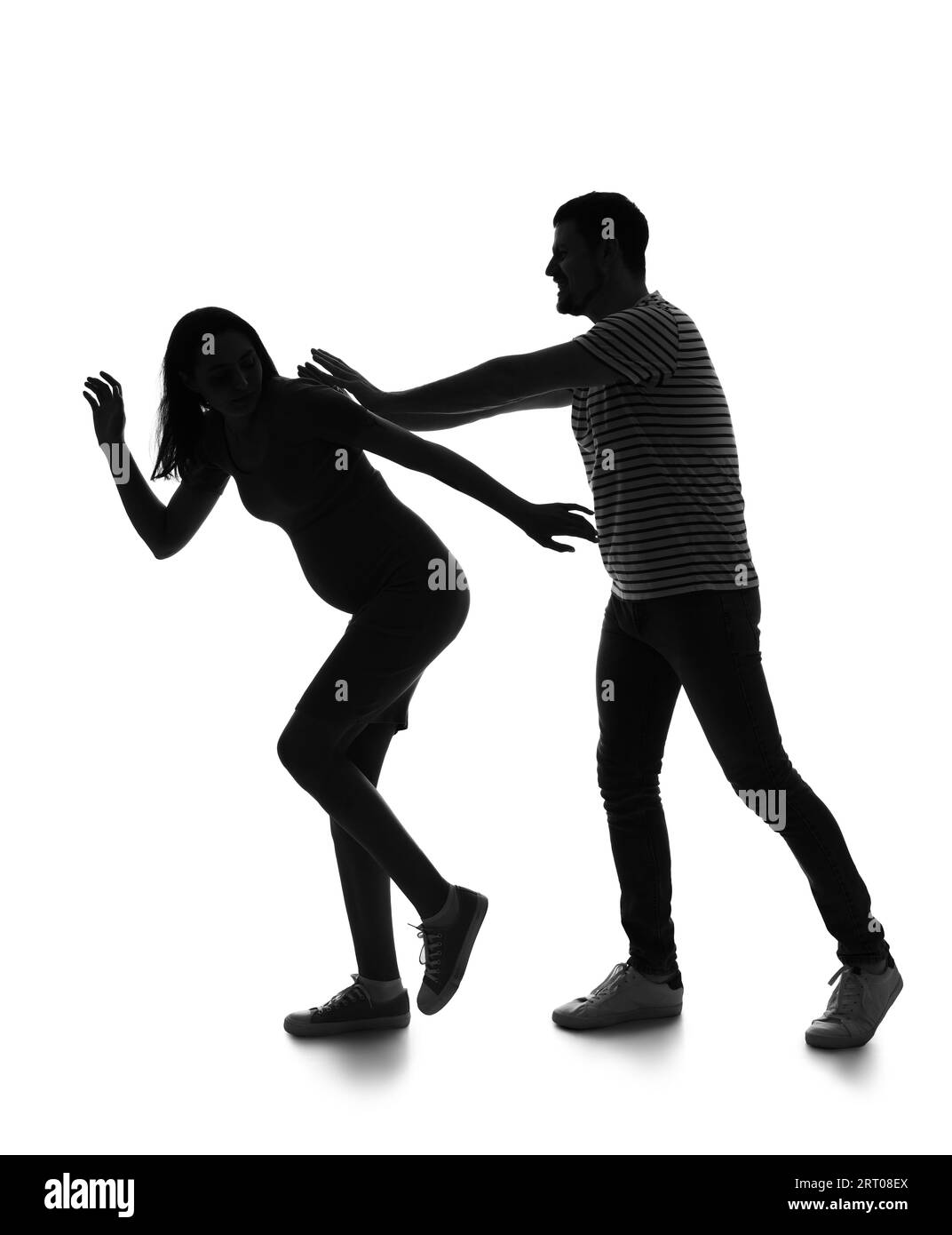 Silhouette of man beating his pregnant wife on white background ...