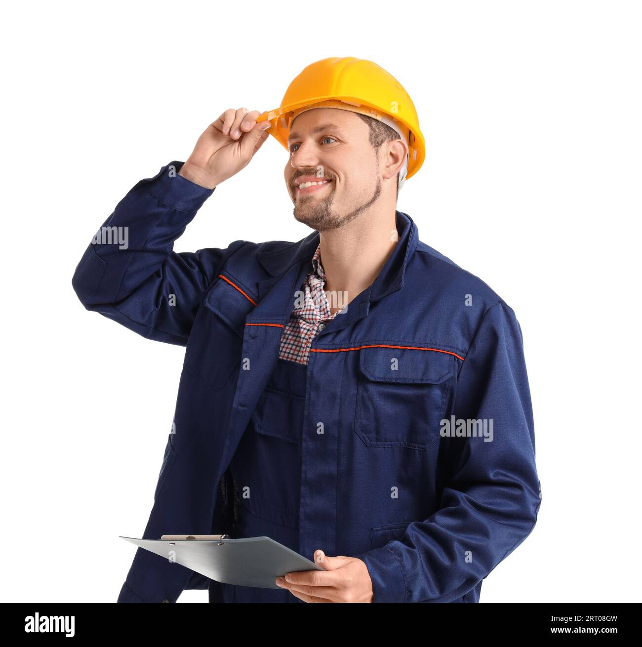 Male builder with clipboard on white background Stock Photo - Alamy
