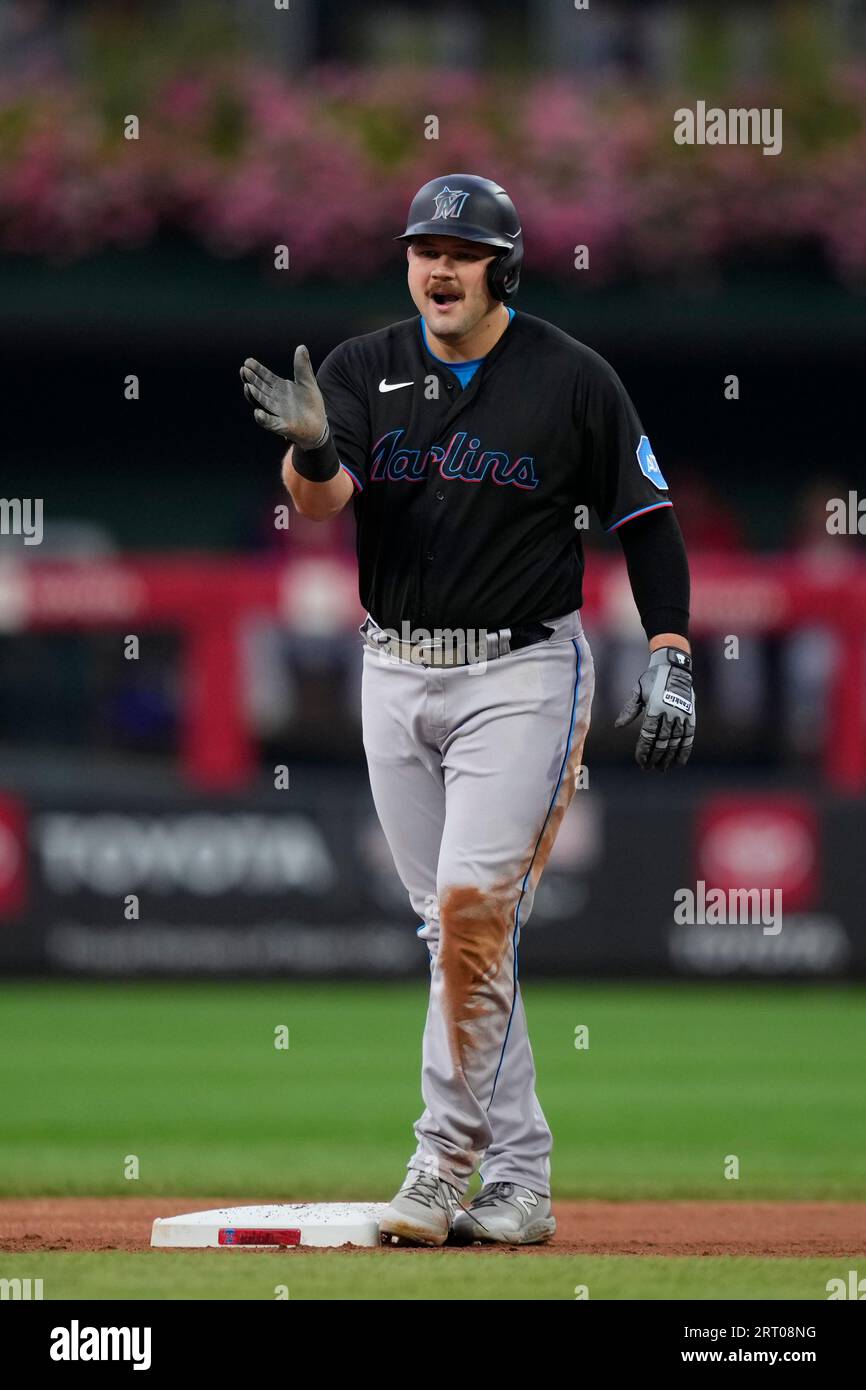Miami Marlins' Jake Burger reacts during a baseball game, Saturday ...