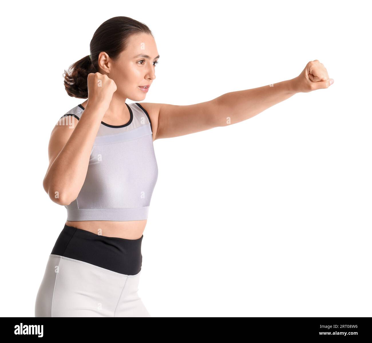 Young woman training on white background. Concept of self defense Stock ...