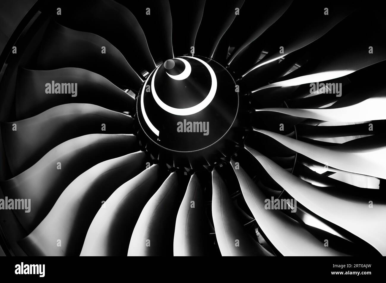 Jet engine blade, close up detail in black and white, blades of the ...