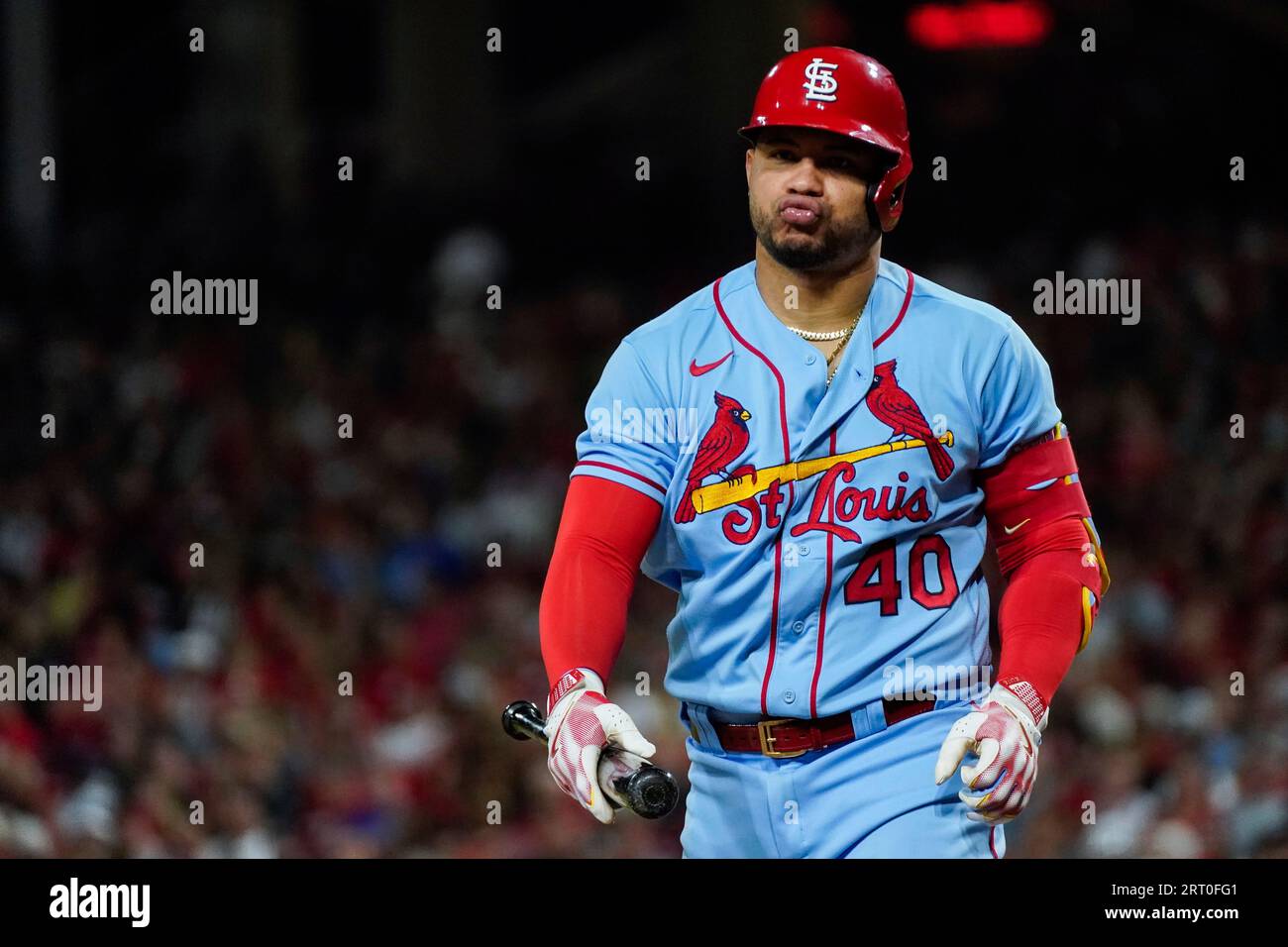 St. Louis Cardinals catcher Willson Contreras reacts after swinging at ...