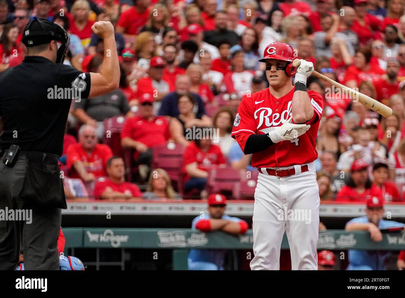 Cincinnati Reds' Harrison Bader, right, reacts after striking out ...