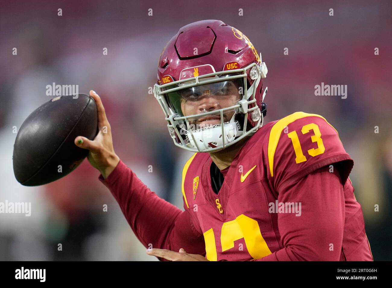 Southern California quarterback Caleb Williams (13) warms up before an ...
