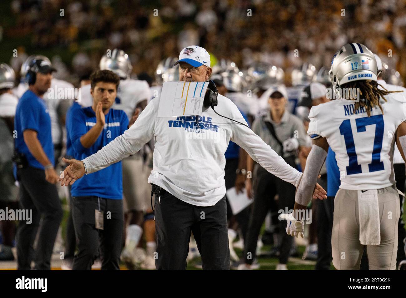 Middle Tennessee head coach Rick Stockstill greets his team after a ...