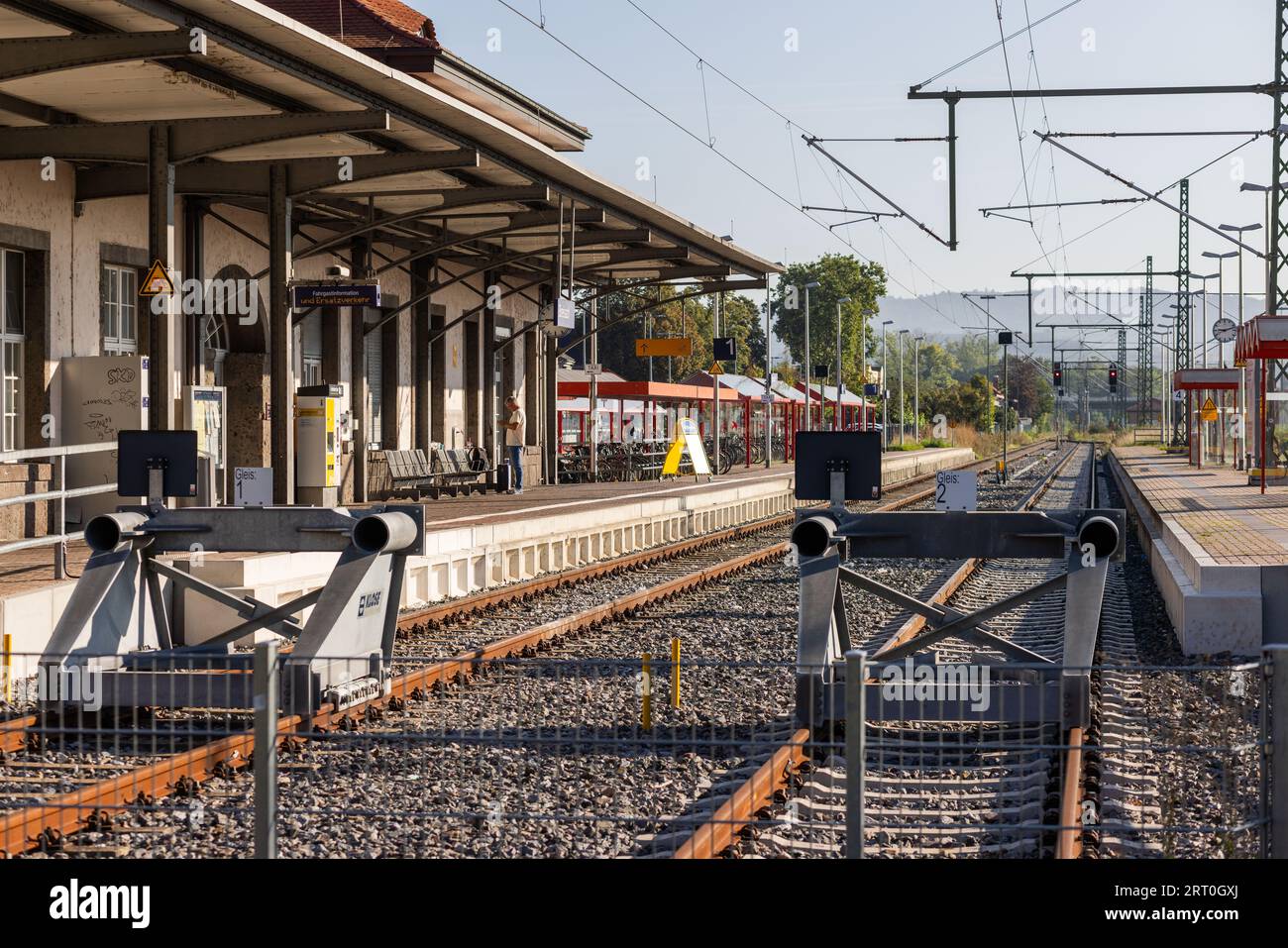 Breisach, Germany. 06th Sep, 2023. Two buffer stops stand on the tracks ...