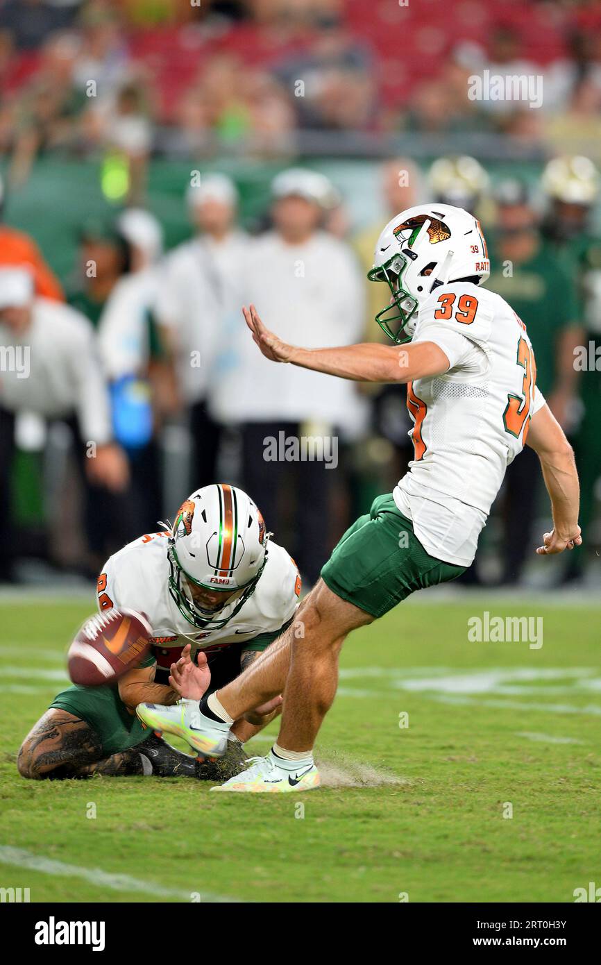 FAMU placekicker, Cameron Gillis (39) hits a field goal during an NCAA ...