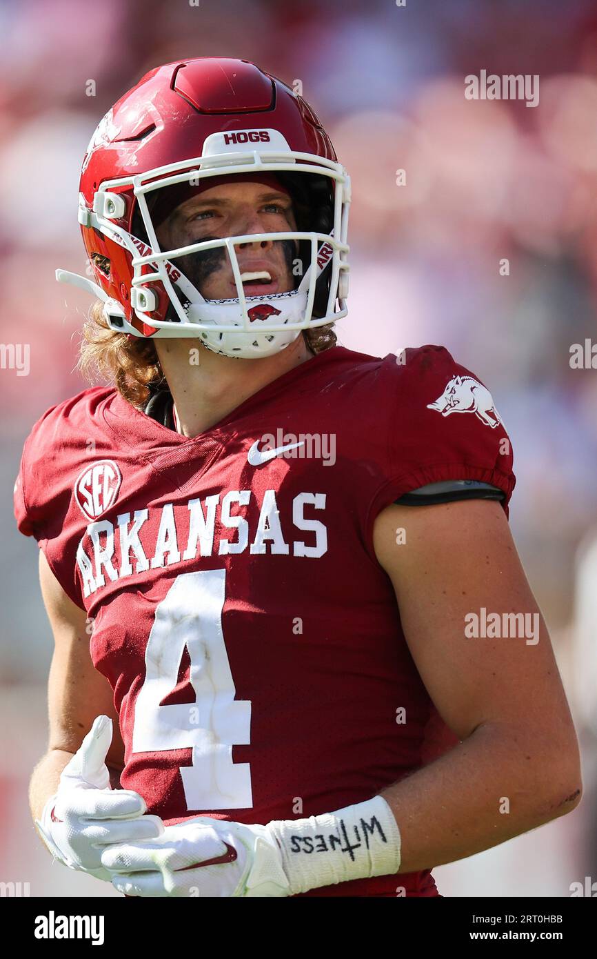 September 9, 2023: Arkansas wide receiver Isaac TeSlaa #4 glances up ...