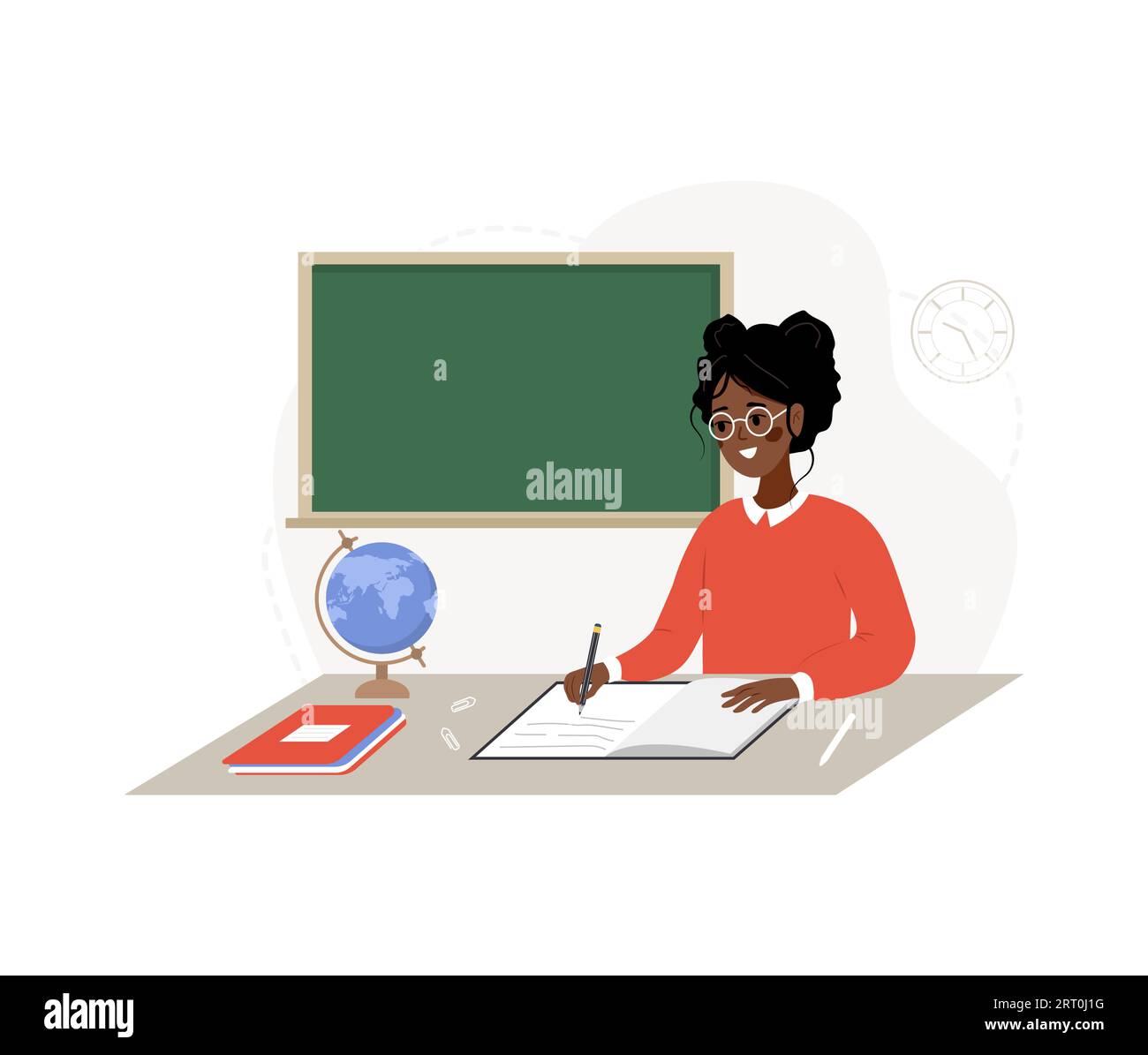 African female teacher in classroom. Pedagogue sitting at table and ...
