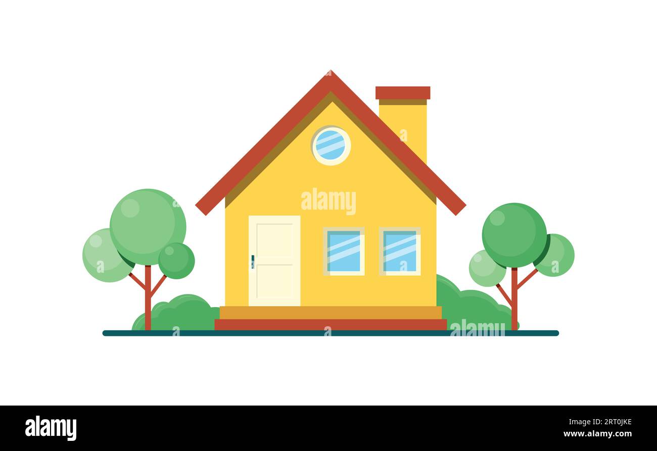 House or home residential exterior door window tree flat style design ...