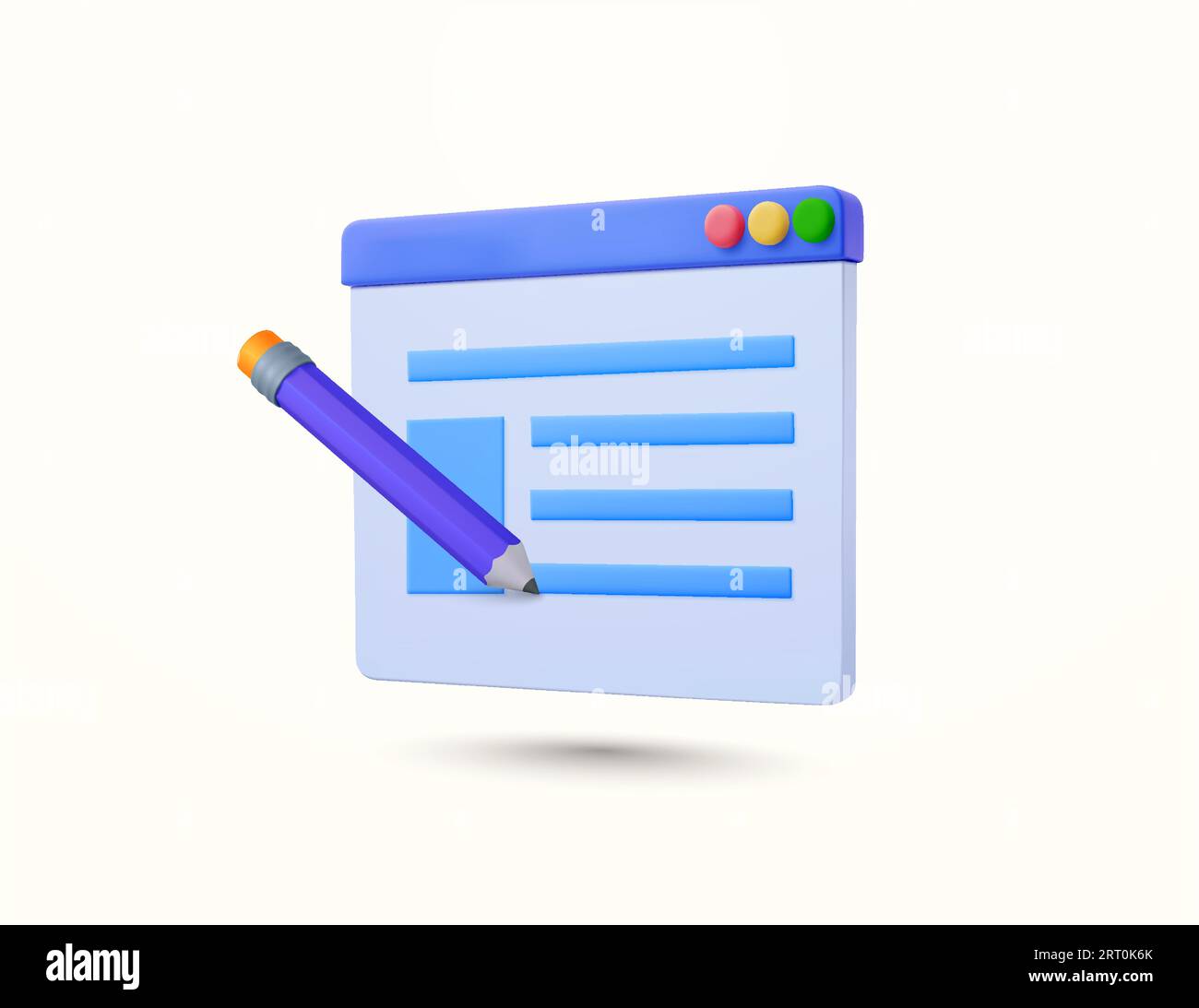 3d document window with pencil icon, isolated on white background ...