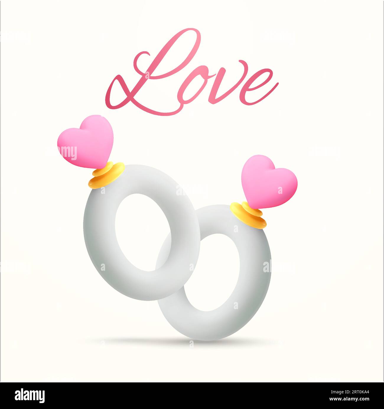 3d couple of wedding rings, pinky heart icon, cartoon and minimal style ...