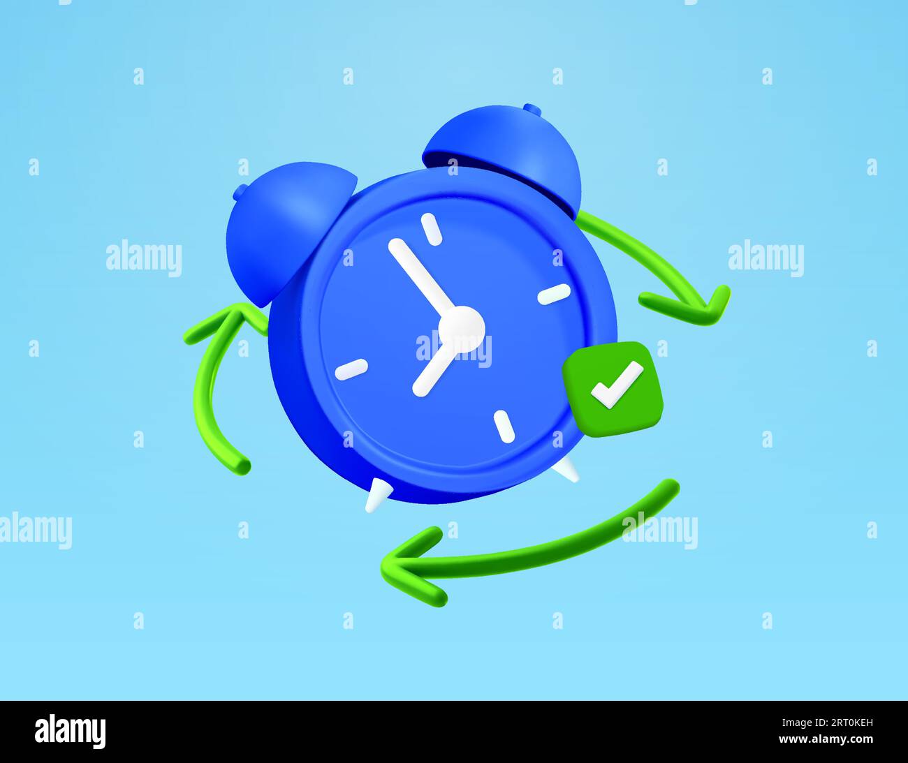 Blue alarm clock with green cycle arrow, green check mark icon ...