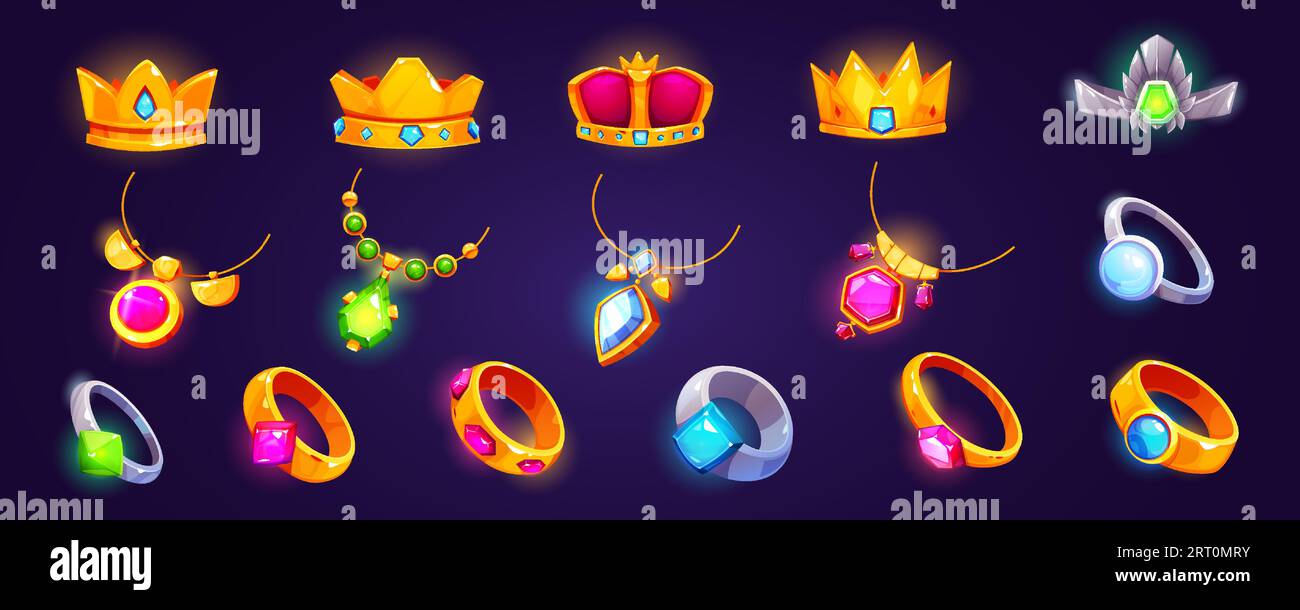 Fantasy medieval ring, amulet, crown icon game ui vector set. Gold ...