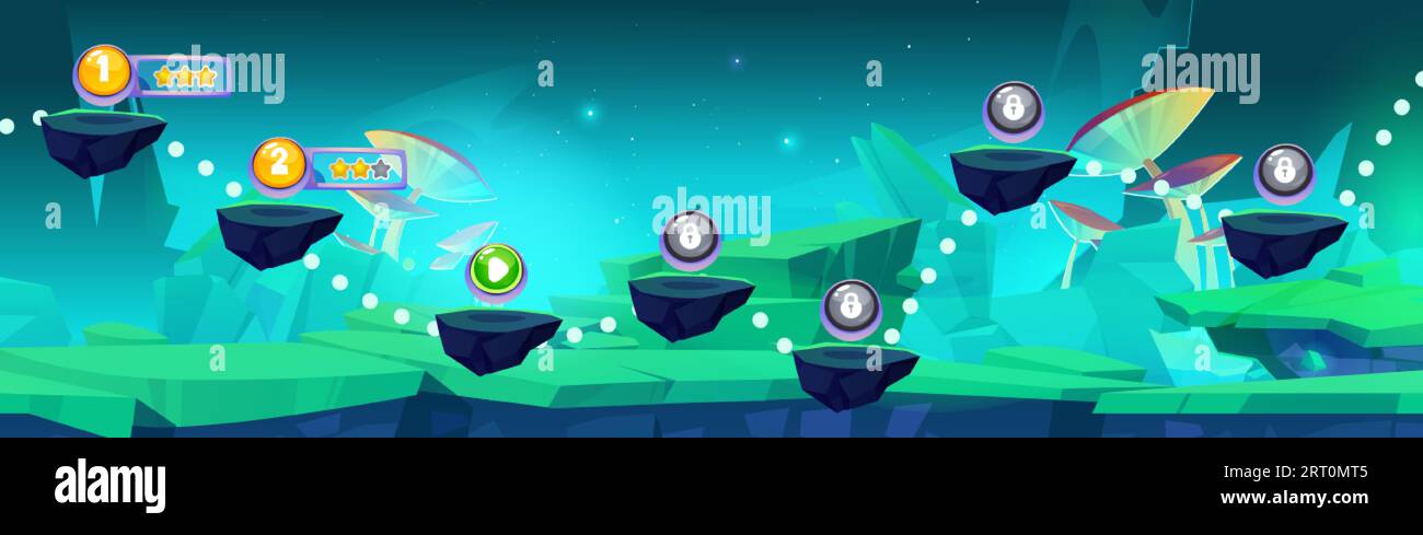 Arcade game progress map on fantasy forest background. Vector cartoon ...