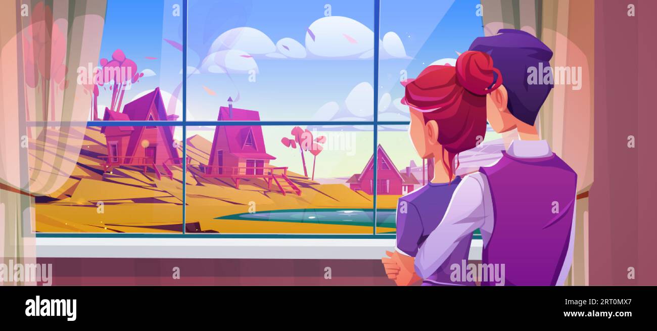 Couple watching house window on village landscape. Countryside nature ...