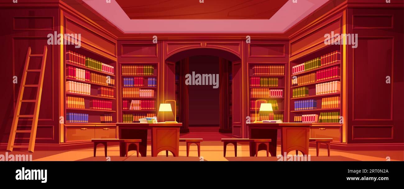 Bookshelf in library interior with table and chair background ...