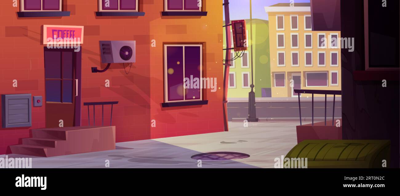 Backstreet alley with coffee shop signboard on brick wall. Vector ...