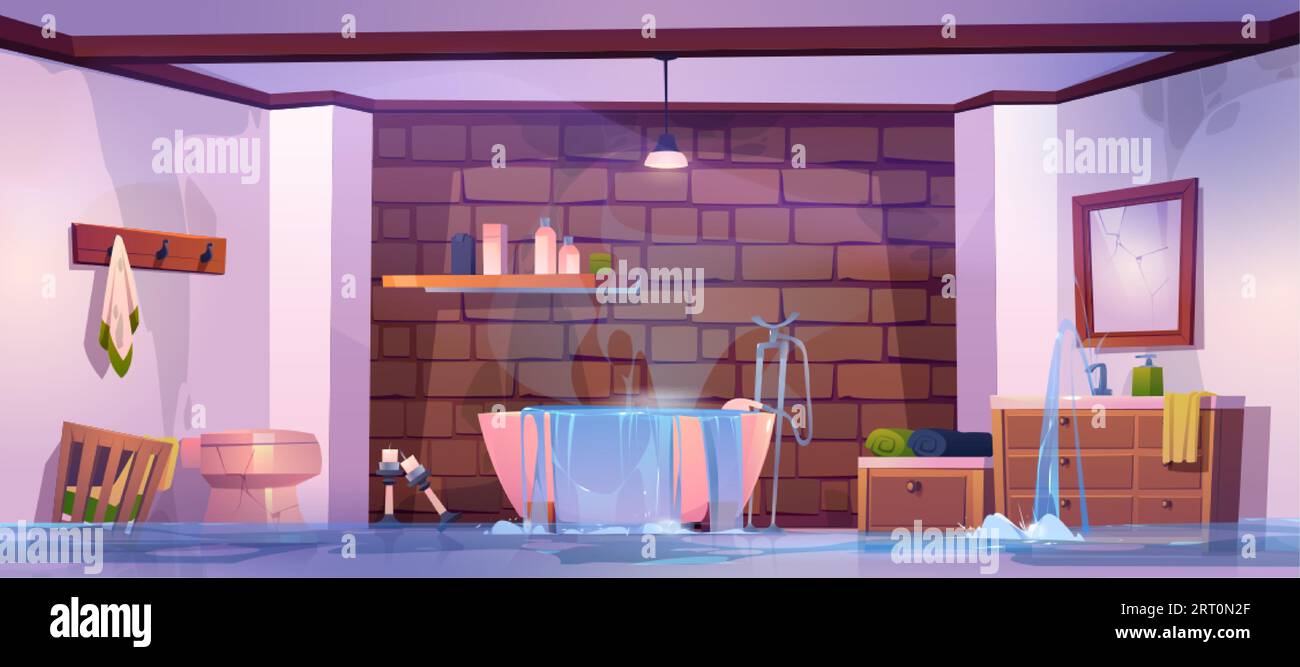 Flood and water leak problem in house bathroom cartoon vector ...