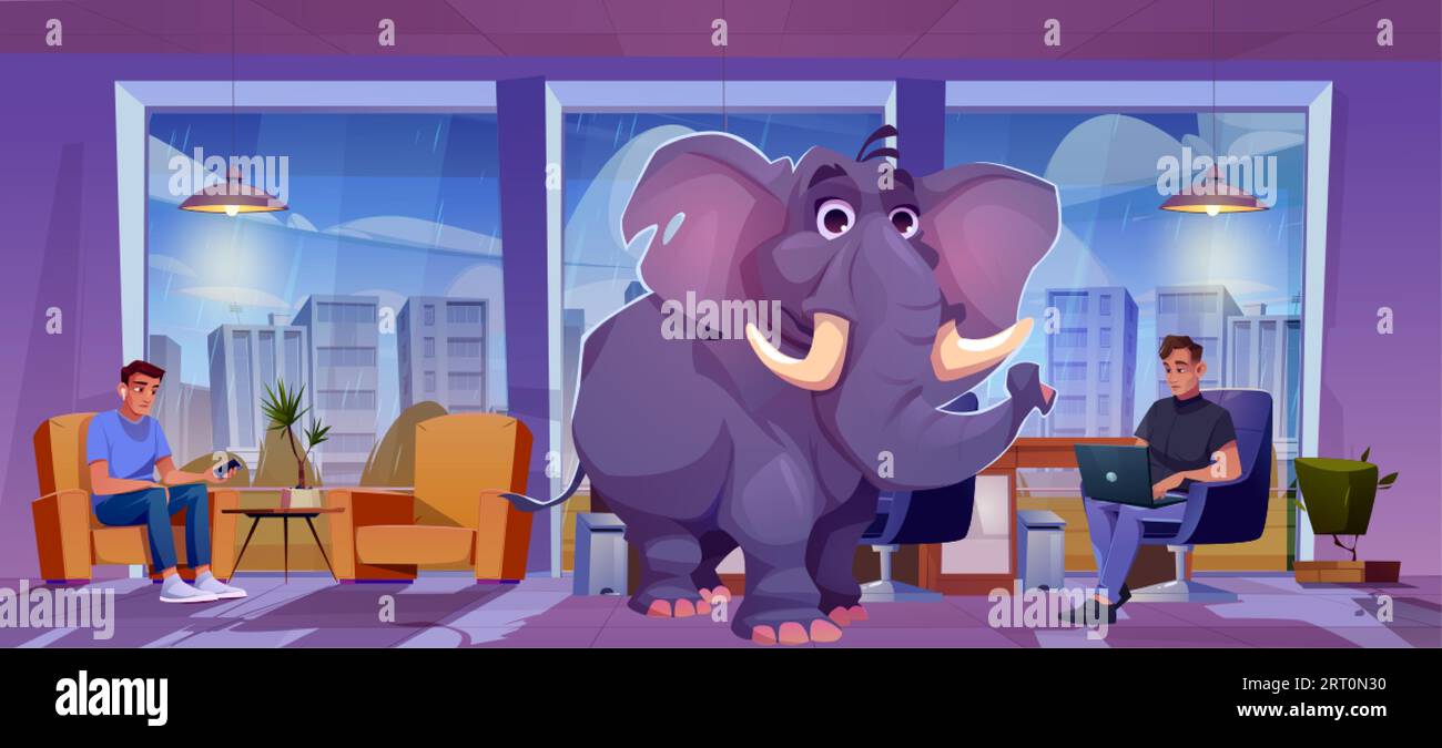Two sad men sitting in office, elefant in middle of room on rainy day ...