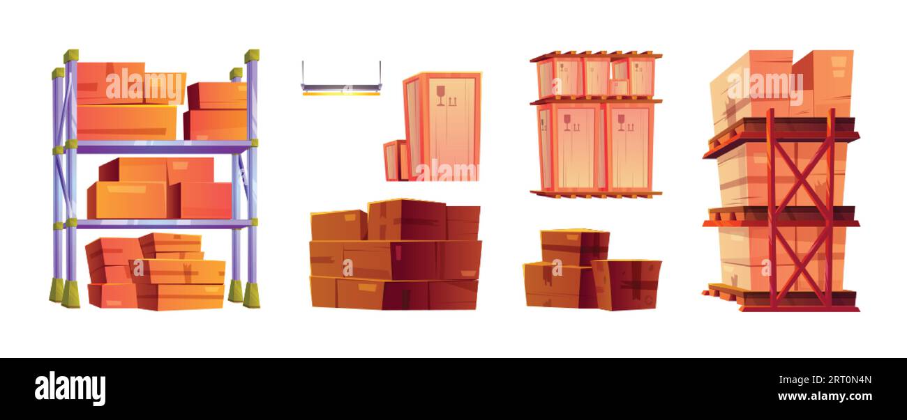 Warehouse interior set with pallet and box vector. Factory logistic ...