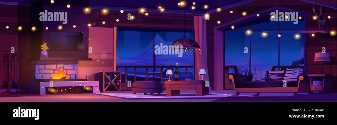 Night winter chalet interior with fireplace and garland vector cartoon ...